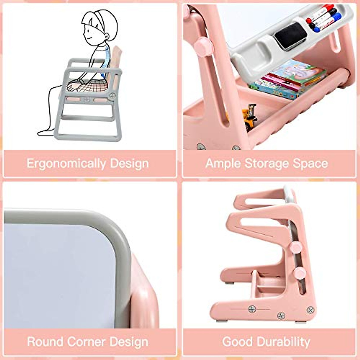 Costzon 2 in 1 Kids Table & Chair, Art Easel w/Adjustable Magnetic Painting Board, Storage Space, Art Supply Accessory, Children Convertible Activity Table Set for Drawing Reading Art Playroom (Pink)