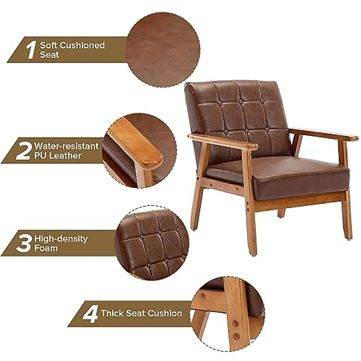 Ufurpie Mid Century Modern Arm Chair with Wood Frame,PU Leather Reading Armchair,Accent Chair for Living Room Bedroom Reading,Easy Assembly,Brown