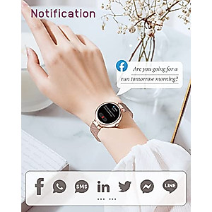 Smart Watch for Women IP68 Waterproof, Round Women's Watch for iOS Android Phones Fitness Tracker Smartwatch with Heart Rate Monitor Steps/Sleep Tracker Slim Gold (Sport & Metal Bands Included), LYNN
