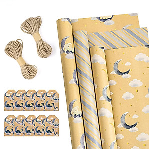 BIOBROWN Birthday Gift Wrapping Paper Rolls with Tags, Jute String - 17 Inch X 10 Feet per Roll - Moon Design for Boys Girls Baby Shower Designs Packing 3 Pack