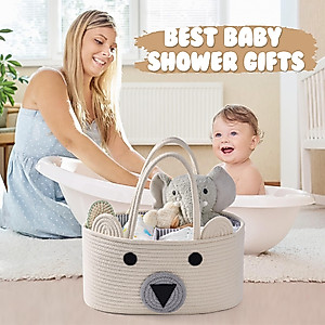 InfiBay Baby Diaper Caddy Organizer, Baby Nursery Storage with Removable Dividers and Sturdy Handles, Cute Bear Basket, Cotton Rope Baby Basket, Portable Diaper Storage Basket
