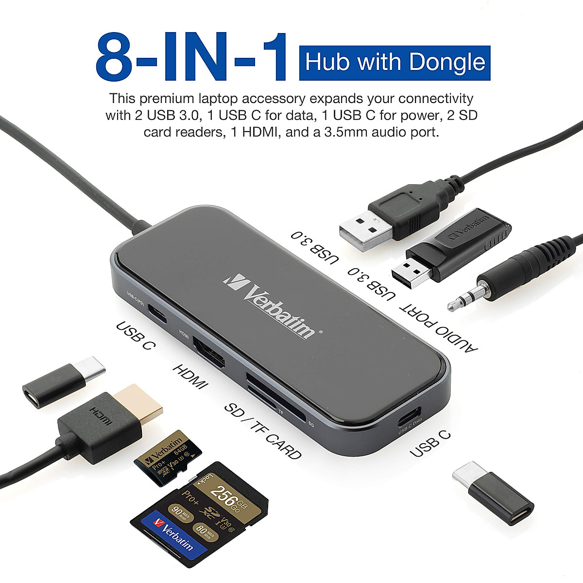 Verbatim 8-in-1 USB C Hub w/Dongle - USB Hub for Laptop w/ 100W PD, 2 USB 3.0 Ports, 2 USB C Ports, SD Card Readers, HDMI, 3.5mm Audio Port, Compact USB-C Hub