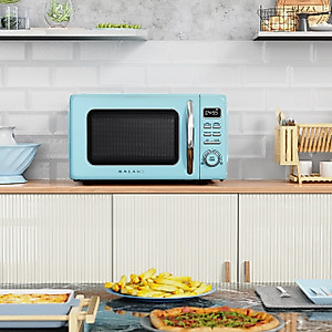 Galanz GLCMKZ09BER09 Retro Countertop Microwave Oven with Auto Cook & Reheat, Defrost, Quick Start Functions, Easy Clean with Glass Turntable, Pull Handle, 0.9 cu ft, Blue