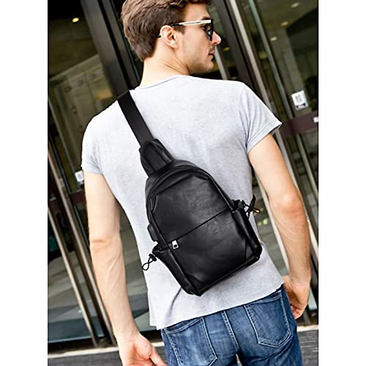 BOSTANTEN Sling Bag Leather Crossbody Backpack Shoulder Bag for Men Travel Hiking Everyday Use, Black