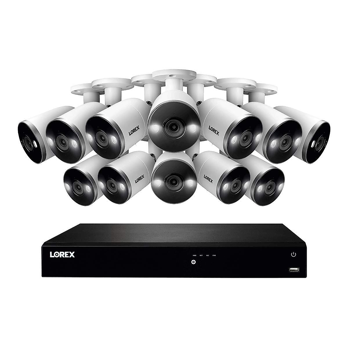 Lorex N4K3SD-1612WB 4K Smart Deterrence 16 Channel Surveillance System w/ N862A63B 4K 3TB Fusion NVR and 12 E892AB 4K Smart Deterrence Bullet Cameras