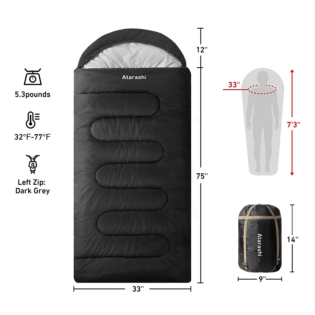 Atarashi Camping Sleeping Bag- 4 Seasons for Adults, Light, Warm, Extra-Large with Compression Sack- Great for Hiking, Backpacking & Outdoor Adventures in Cold Weather,33''X87''