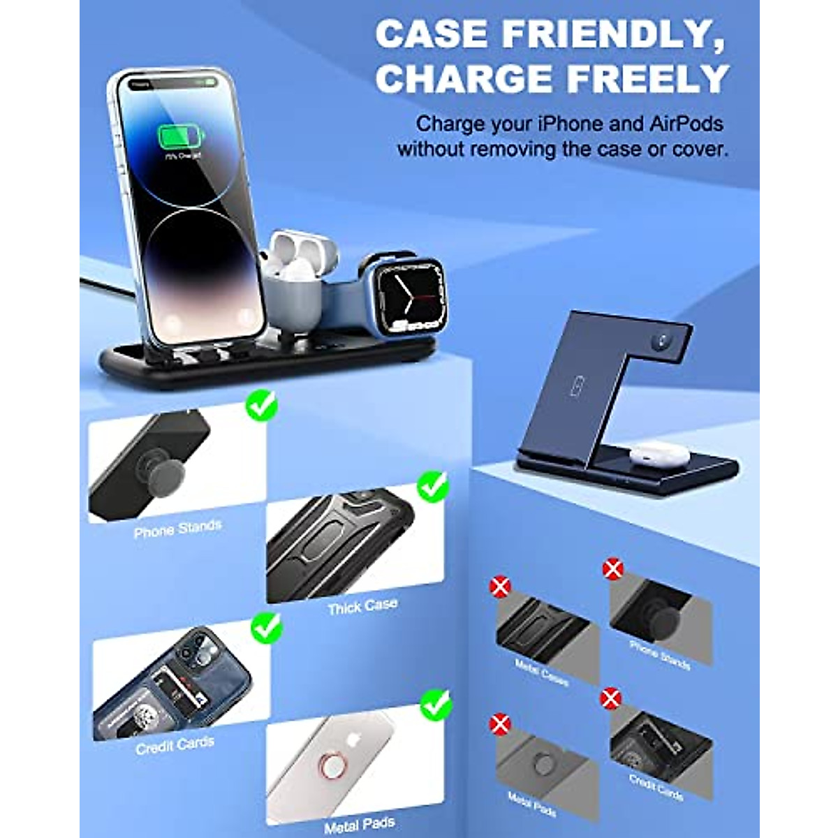 Foldable 3 in 1 Charging Station,18W Fast Charger Stand for Multiple Apple Devices Compatible with All iPhone, iWatch, Air Pods, Fast Charge Portable Travel Charger with QC3.0 Adapter