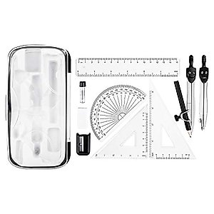 Amazon Basics 10-Piece Math Kit - Includes Compasses, Graphite, Eraser, Sharpener, Protractor, Triangles, Ruler, and Carrying Box