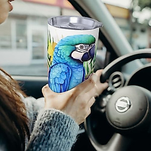 Blue Parrot in Flowers Tumbler with Lid and Straw 20oz Stainless Steel Car Cup for Hot and Cold Drinks, Double Wall Insulated Travel Coffee Mug Reusable Drink Thermos Cup Birthday Gifts