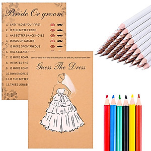VAIPI 50 Sets Guess The Dress Bridal Shower Game for Guests, 50 Wedding Shower Games Cards & 50 White Pencils & 6 Colorful Pencils Double-sided Shower Game for Wedding Bachelorette Party Favor