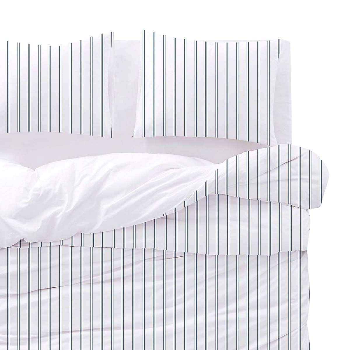 Wake In Cloud - Striped Comforter Set, Ticking Stripe Vertical Pinstripe Neutral Farmhouse Pattern Printed, Soft Lightweight Bedding, 3 Pieces, Navy White, Queen Size