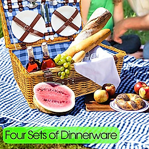 Nature Gear Upgraded 4 Person XL Picnic Basket (4 Person + Blanket, Blue & White)