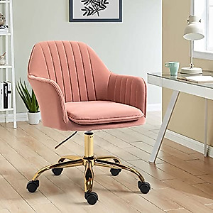 AVAWING Pink Chair Cute Office Chair, Mid-Back Vanity Chair Adjustable Task Office Chair 360°Swivel Roller Chair with Arms and Gold Metal Base for Home Office, Vanity Room, Bedroom