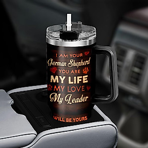 99OWL Patriotic Brown Engraved Best Funny For Adults Women Coffee Cups Cute Worlds Handle, Dog Mom Gifts, Tumbler 40 Oz With Handle Lid And Straw, German Shepherd American