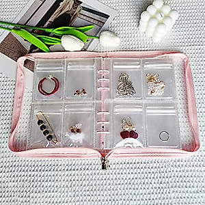 Nelonis Transparent Jewelry Storage Book Jewelry Plastic Zipper Bag Travel Storage Bag Portable Pocket Folding Travel Album Zipper Bag,Suitable for Earrings,Bracelets,Rings,Brooches (Pink)