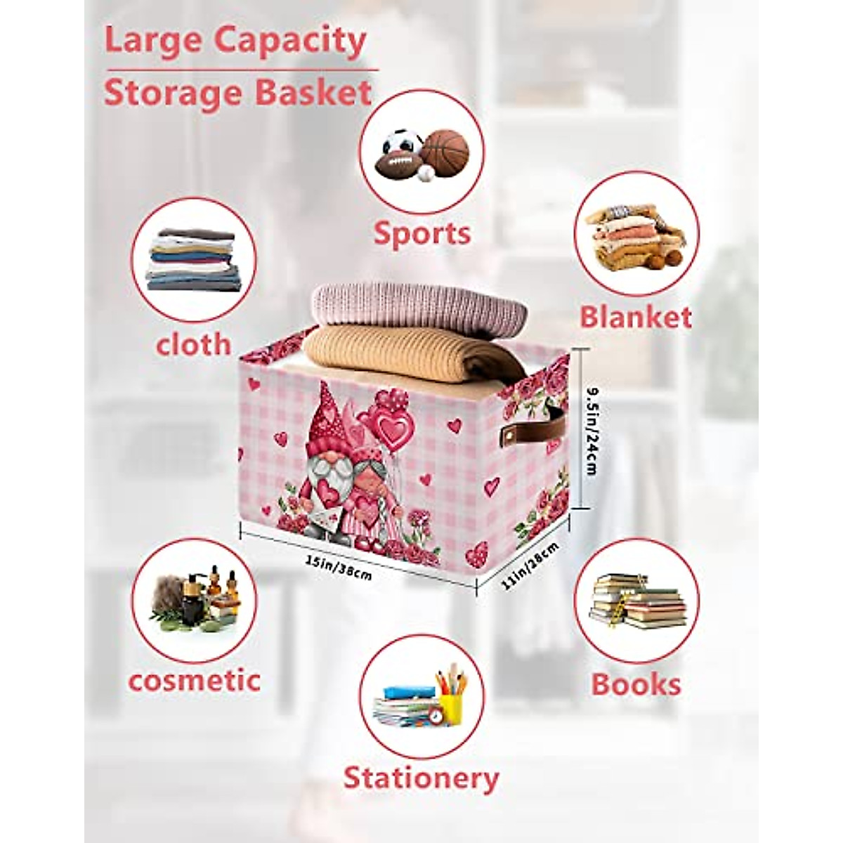 Valentine's Day Gnomes Storage Bins Shelf Baskets, Collapsible Cube Basket with Handles, Pink Plaid Love Heart Roses Waterproof Organizer for Toys/Closet/Blanket 15"x11"x9.5", 1 Pack