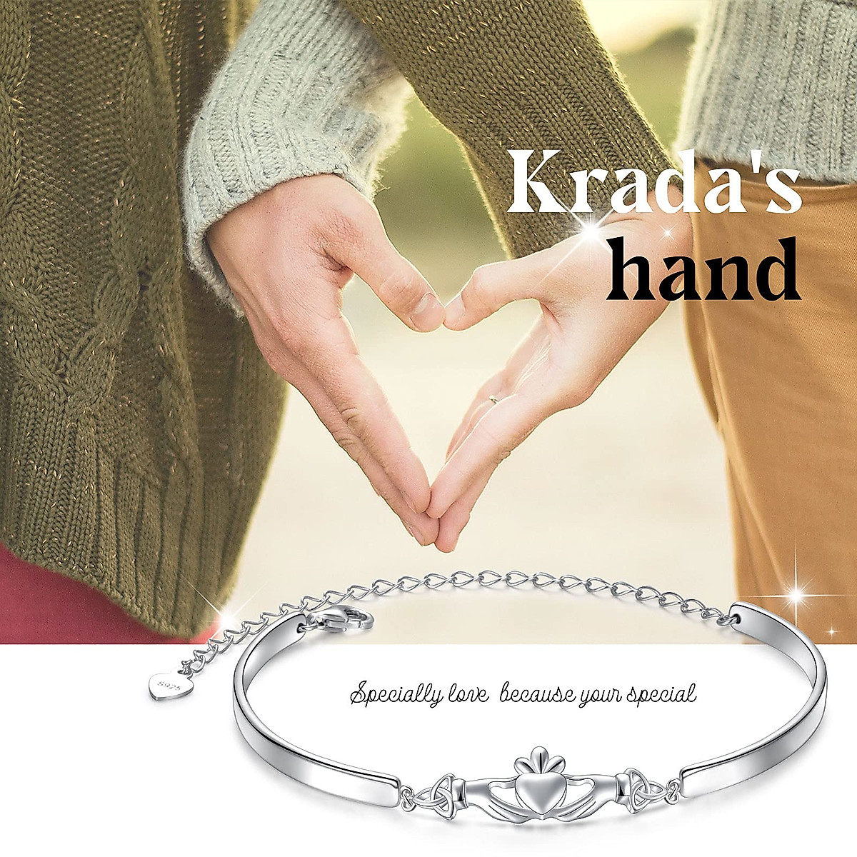 FLYOW 925 Sterling Silver Ireland Jewelry Adjustable Celtic Claddagh Bracelet Good Luck Irish Gifts for Women Birthday Valentine's Day Gifts