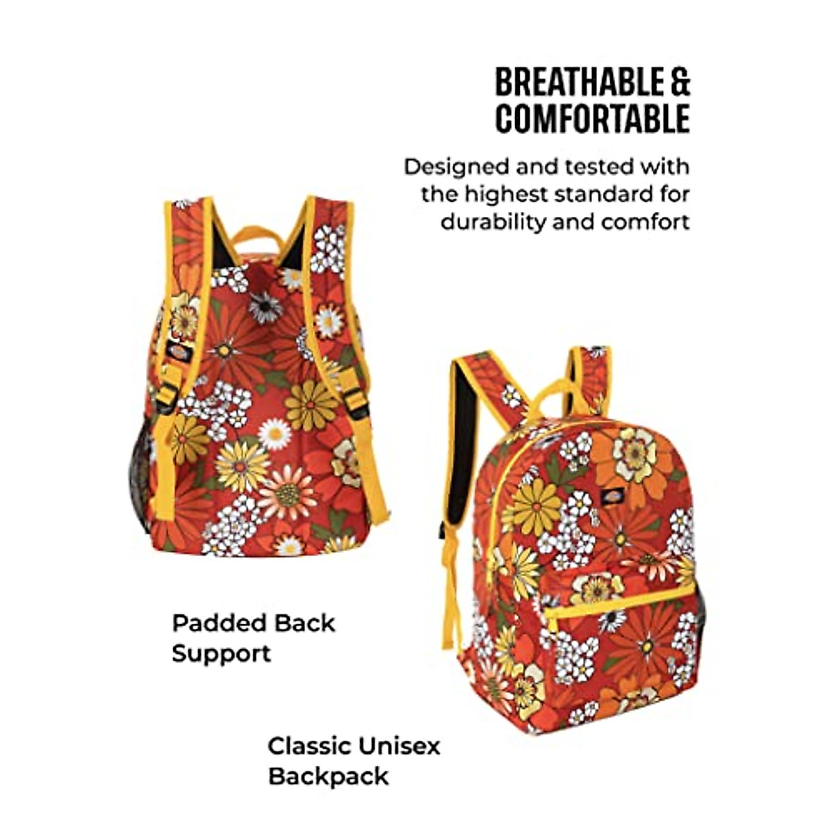 Dickies Backpack Classic Logo Water Resistant Casual Daypack for Travel Fits 15.6 Inch Notebook (Orange Flower)