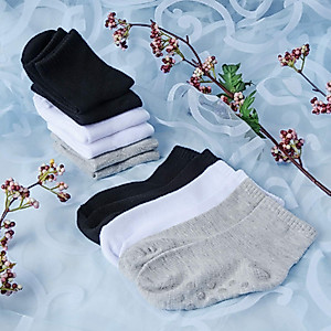 Tenpluszero 12 Pairs Non Slip Toddler Socks Crew Socks with Grips for Baby Boys Girls (Black,White,Grey, 2T/4T)