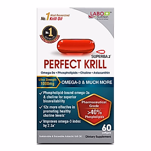 LABO Nutrition Perfect Krill 1000 mg, Pure Ultra Strength Antarctic Krill Oil with Omega-3s, EPA, DHA, Phospholipids, Choline & Astaxanthin, Heart, Joint, Brain Support Supplement, 60 softgels