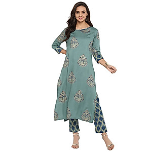 Janasya Indian Women's Tunic Tops Rayon Kurti Set for Women(SET094-KR-NP-S) Turquoise