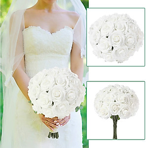 EZFLOWERY Artificial Roses Flowers 25pcs Real Looking Fake Roses w/Stem for DIY Wedding Bouquets Centerpieces Arrangements Bridal Shower Party Home Decorations (White)