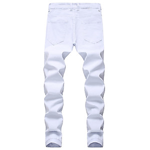 Men Ripped Distressed Destroyed Jeans Casual Vintage Hip Hop Jean with Holes Straight Leg Slim Fit Stretch Denim Pants (White,30)