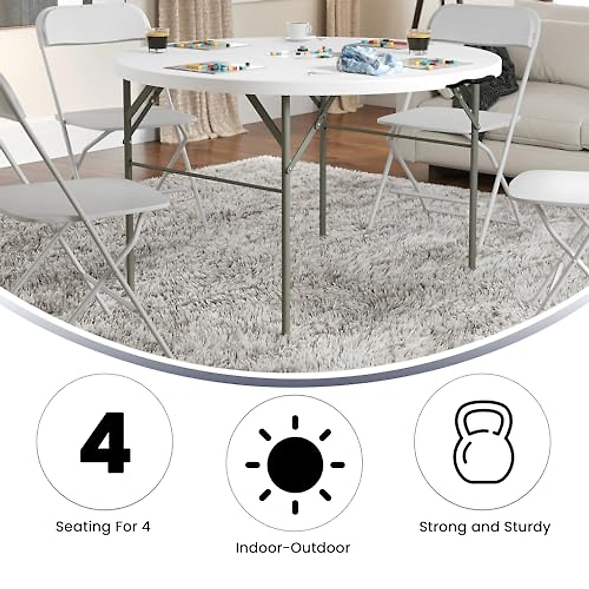 Flash Furniture Freeman 4' Round Plastic Folding Event Table with Carrying Handle, Bi-Fold Portable Banquet Table for Indoor/Outdoor Events, White