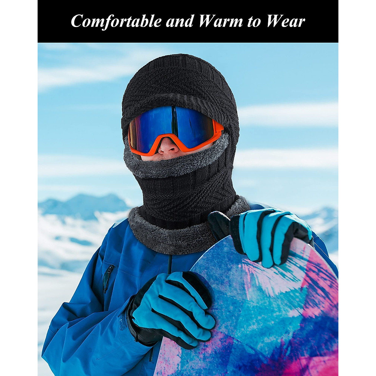 2 Pieces Winter Knitted Balaclava Beanie Hat Warm Cycling Face Covering Winter Neck Warmer Knit Hat Neck Gaiter for Adults Outdoor Sports, Black and Navy Blue