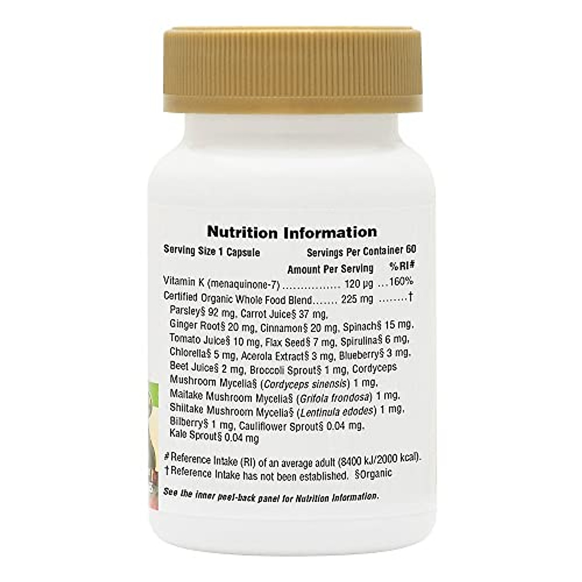 NaturesPlus Source of Life Garden Certified Organic Vitamin K2-120 mcg, 60 Vegan Capsules - Bone Health Supplement - with Natural Whole Food Enzymes - Vegetarian, Gluten-Free - 60 Servings