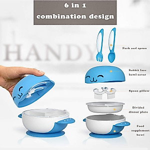 VoSinrly Baby Mate Suction Bowl for Toddlers with Fork & Spoon Set - Toddler Bowls with Suction and Lid - BPA Free Baby Feeding Set (Blue)