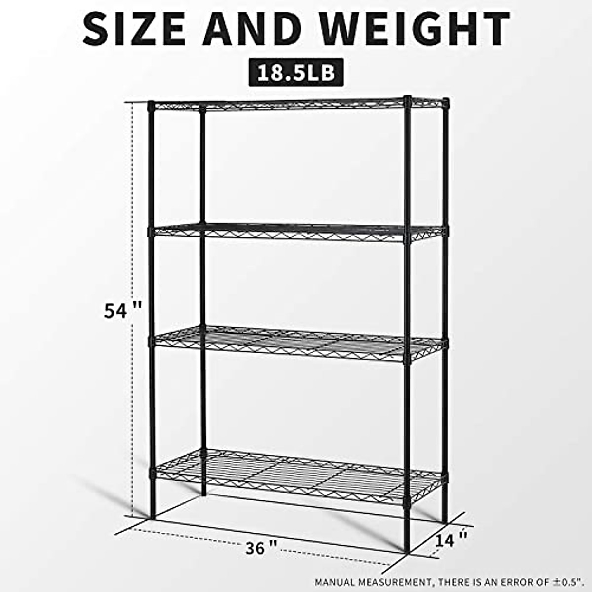 HCY 4-Tier Wire Shelving Unit Storage Shelves Shelf Organizer 54inx36inx14in Heavy Duty Metal Rack NSF Height Adjustable for Laundry Bathroom Kitchen Garage Pantry Organization(Black)