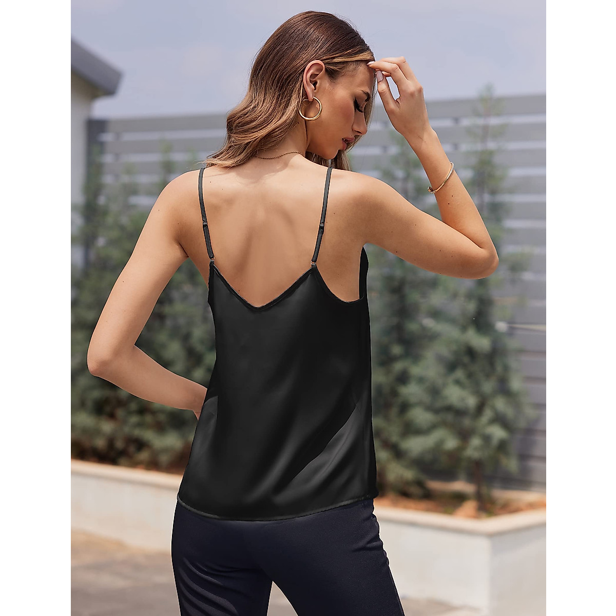 Ekouaer Women's Lace Silk Satin Pajama Tank Tops V Neck Camisole Soft Spaghetti Strap Tops Loose Sleepwear Black Large