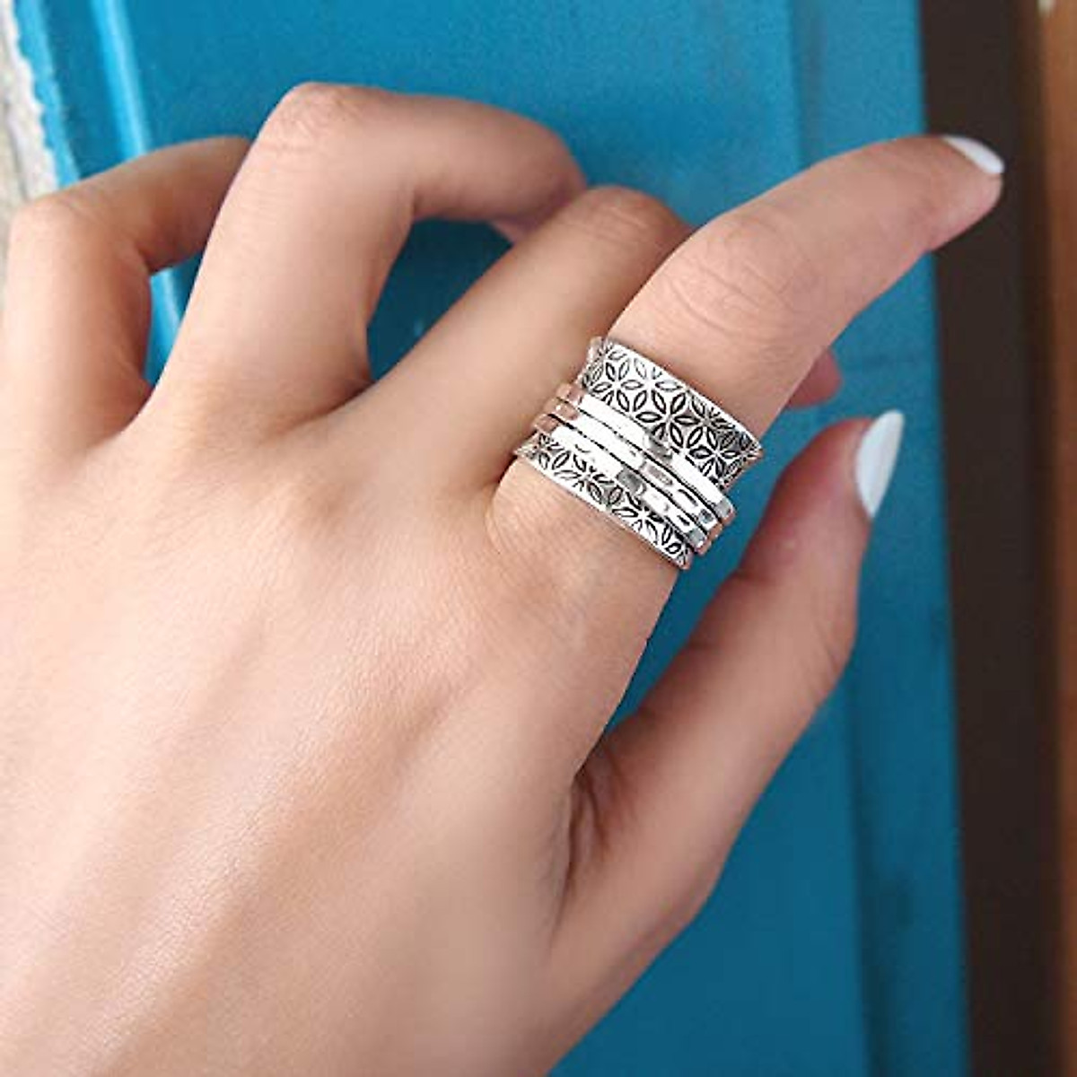 Boho-Magic 925 Sterling Silver Spinner Ring for Women Flower of Life Fidget Rings Band (8)