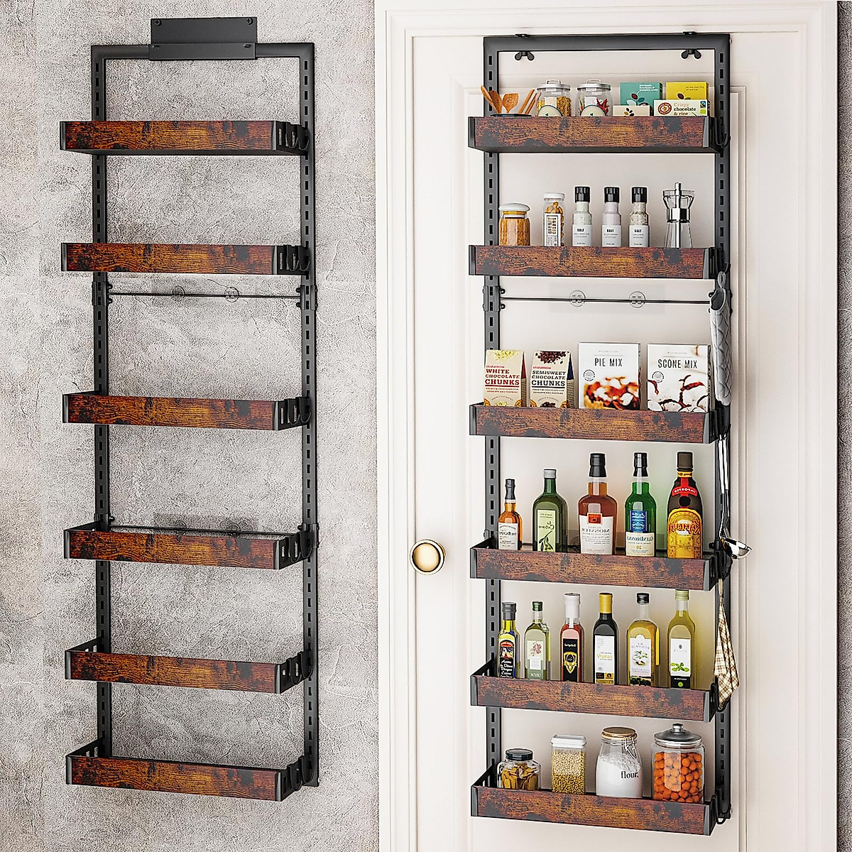 bukfen Over the Door Pantry Organizer, 6-Tier Adjustable Wooden Basket Kitchen Pantry Door Organization and Storage, Heavy-Duty Metal Hanging Kitchen Spice Rack,D6.3 x W17.71 x H50.60 inch,1 Pack