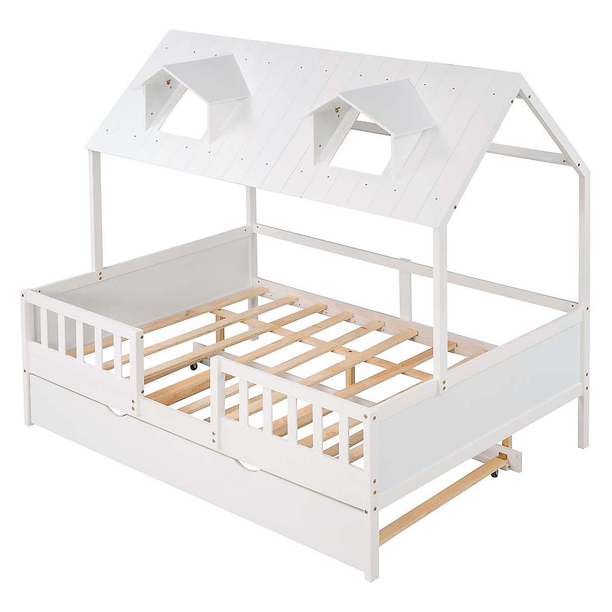 Harper & Bright Designs Full Size House Bed with Trundle, Full Size Bed Frame for Kids,Wooden Cabin Full Playhouse Bed for Girls, Boys,No Box Spring Needed,White