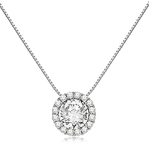 Everyday Elegance 14K Solid White Gold Pendant Necklace | Round Halo Cubic Zirconia Solitaire | 1.25 CTW | 16 Inch .60mm Box Link Chain | With Gift Box