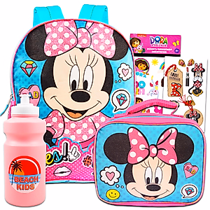 Disney Studio Disney Minnie Mouse Backpack with Lunch Box for Girls - 5 Pc Bundle With Large 16 Minnie Mouse Bag, Insulated Lunch Bag, Stickers, and More (Minnie School Supplies)