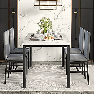 MIERE Dining Table Set for 4, 5-Piece Marble DiningTableSet with 4 Velvet Metal Frame Chairs for Kitchen, Bar, Living Room, Breakfast Nook, Small Space, 03 Gray