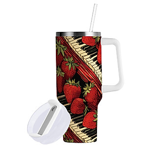 ALAZA Vintage Strawberries Piano Keys Music 40 oz Tumbler Water Bottle with Straw Lid and Handle,Reusable Insulated Stainless Steel Cup for Women Men Travel Car Cup Holder