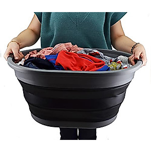 SAMMART 32L (8.4 gallon) Collapsible Plastic Laundry Basket - Foldable Pop Up Storage Container/Organizer - Portable Washing Tub - Space Saving Hamper/Basket, Water Capacity: 24L (1, Grey/Black)