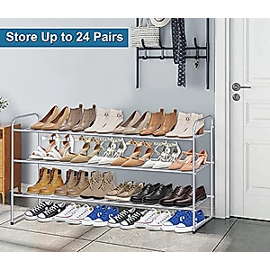 KIMBORA Metal Long Shoe Rack for Closet, 3 Tier Wide Shoe Organizer for Entryway, 24 Pairs Stackable Shoe Storage Shelf for Bedroom Floor with Wire Grid (Grey)