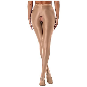 Lejafay Women Shiny Oil Pantyhose Footed Silk Stockings Ultra Shimmery High Waist Translucent Tights Coffee X-Large