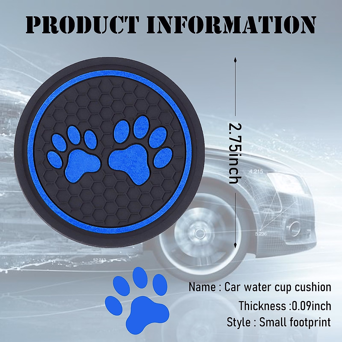 ZKFAR Pack-2 Car Cup Holder Coaster, Silicone Anti Slip Coaster, Dog Paw Car Coaster, Car Interior Accessories, for Most Cars, Trucks, RVs (Blue)