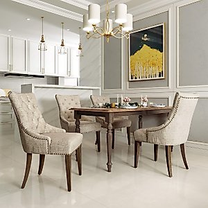 YuiHome Upholstered Dining Leisure Padded Chairs with Armrest and Nailed Trim, (Set of 4),Beige
