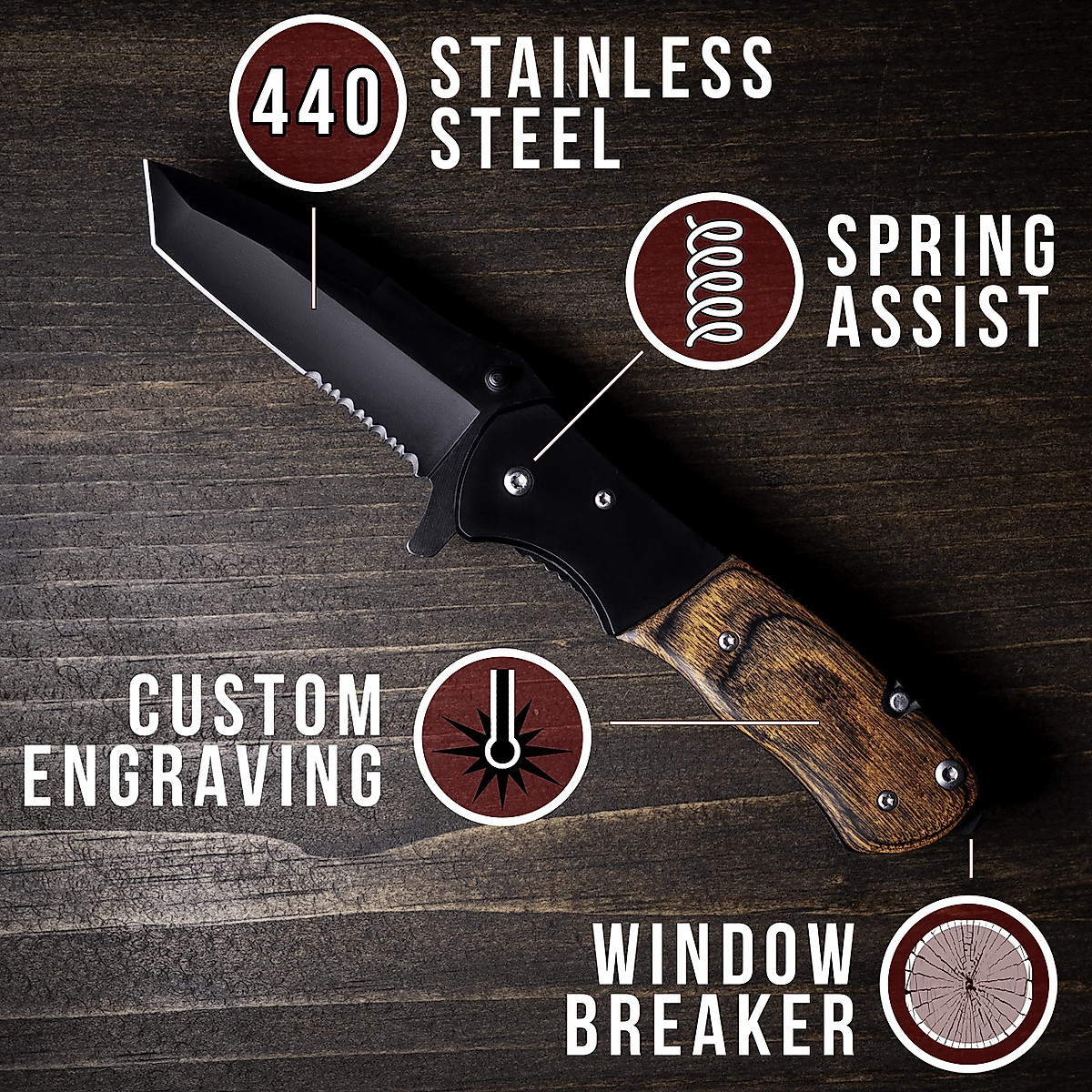 Personalized Pocket Knife For Men, Automatic Spring Assisted Tactical Switchblade Folding Knives With Belt Clip, Sharp Blades, Rosewood Custom Laser Engraved Gifts for Him, 1 Pc, EngraveMyMemories