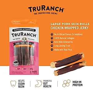 TRURANCH Large Pork Skin Rolls, Chicken-Wrapped Jerky, Made with Real Pork Skin, Rawhide Alternative, Healthy Dog Chews, 1 Bag, 2 Count