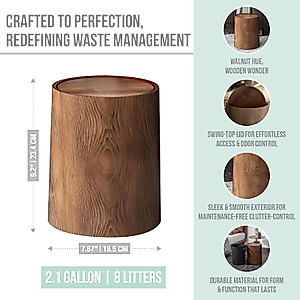 8L Trash Can with Lid - 2.1-Gallon Walnut Brown Wood Grain Bathroom Garbage Can with Swing Top Lid - Minimalist Diaper Trash Can w Removable Interior Waste Bucket - Dustbin for Office, Bedroom
