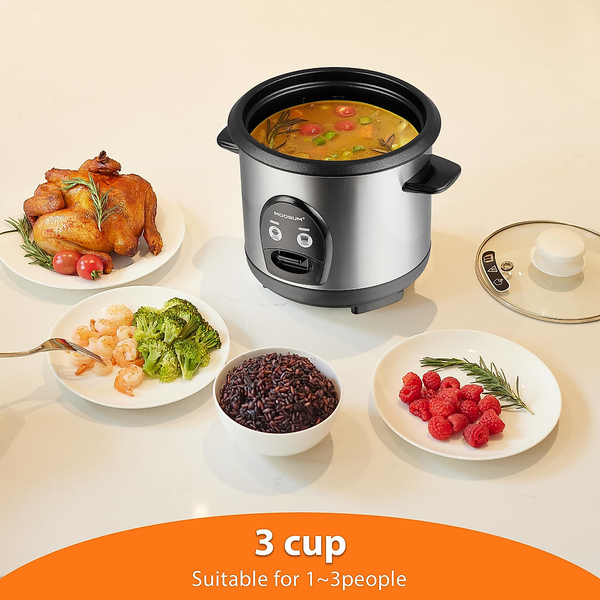 MOOSUM Electric Rice Cooker with One Touch for Asian Japanese Sushi Rice, 3-cup Uncooked/6-cup Cooked, Fast&Convenient Cooker with Ceramic Nonstick inner pot, Stainless Steel Housing and Auto Warmer