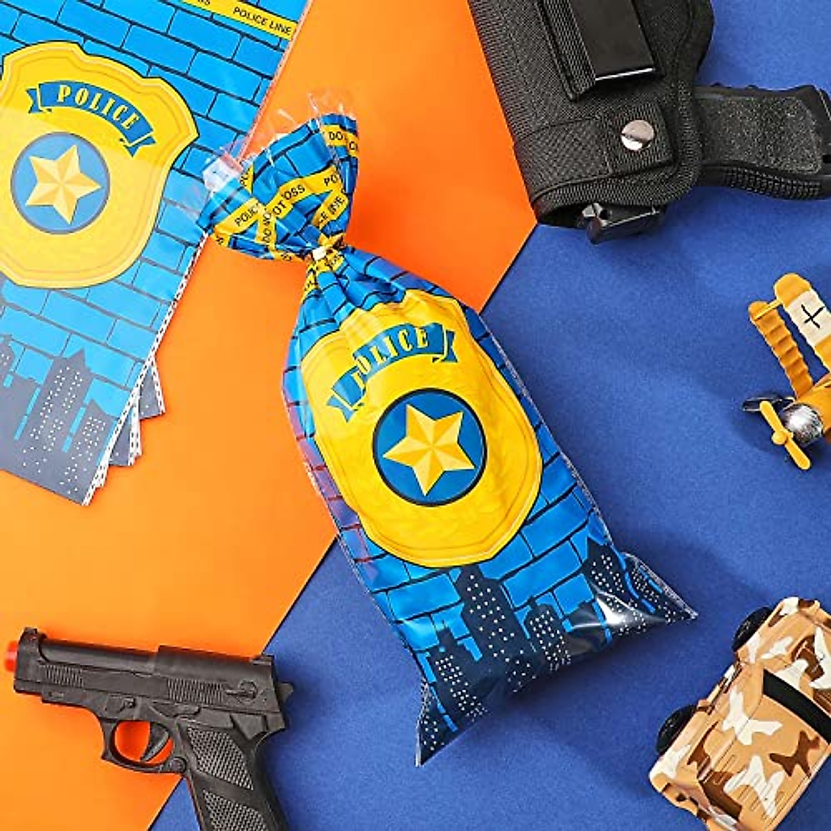 100 Pcs Police Party Cellophane Bags Police Party Favor Bags Police Gift Bag Police Candy Bag Police Goodie Bags Blue Cello Bags Treat Bag with 100 Sliver Twist Ties for Cop Birthday Party Supplies